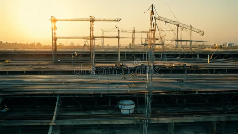 An Aerial Shot of a Large Industrial Site with Multiple Cranes and a Complex Network of Metal ...