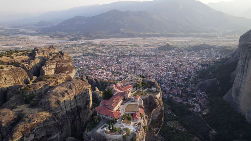 Aerial Shot of the Monastery of the Holy Trinity on Meteora Rock ...