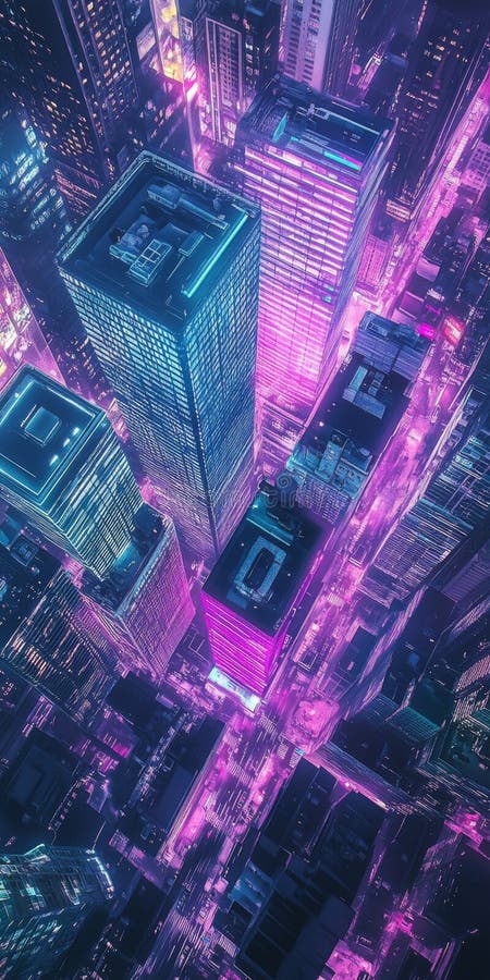 Aerial Shot of a Neon-lit Skyscraper Stock Illustration - Illustration ...