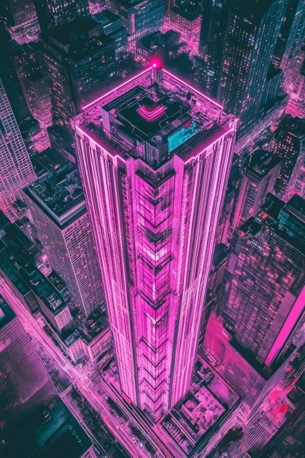 Aerial Shot of a Neon-lit Skyscraper Stock Illustration - Illustration ...