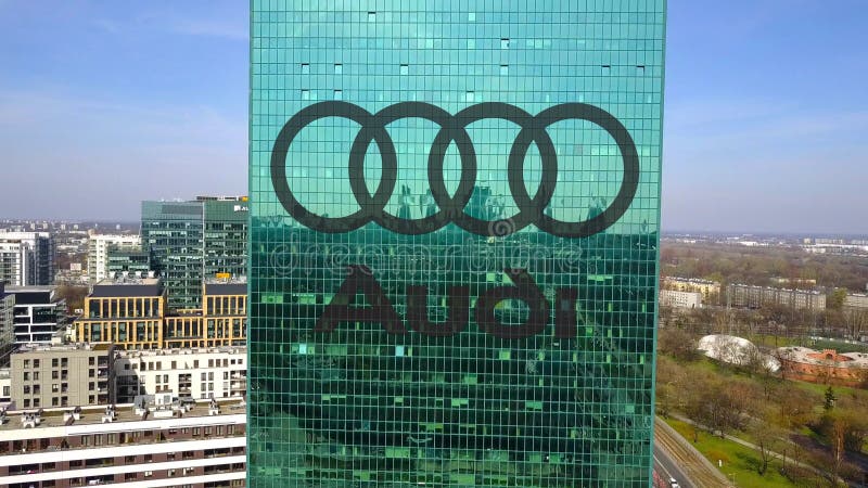 Aerial Shot of Office Skyscraper with Audi Logo. Modern Office Building ...