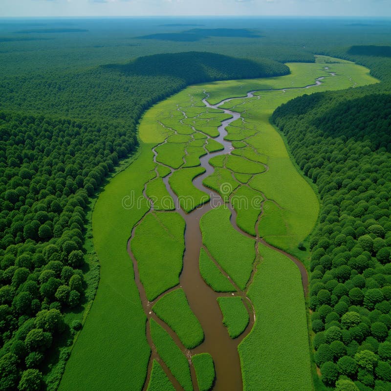Aerial Shot Reveals a Vibrant River Delta with Winding Waters and Dense ...