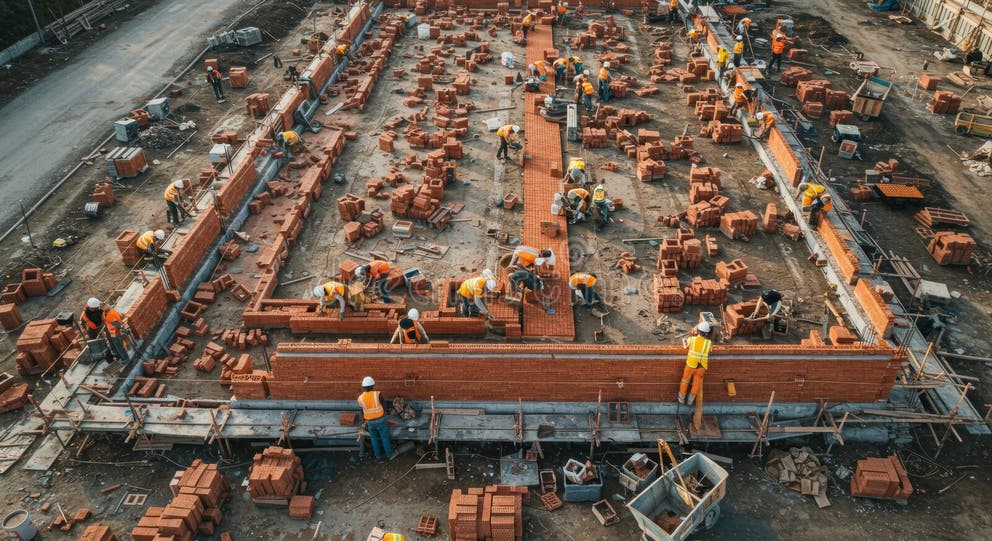 Aerial View of Construction Site: Bricklayers Building a Wall, Teamwork in Progress Stock ...