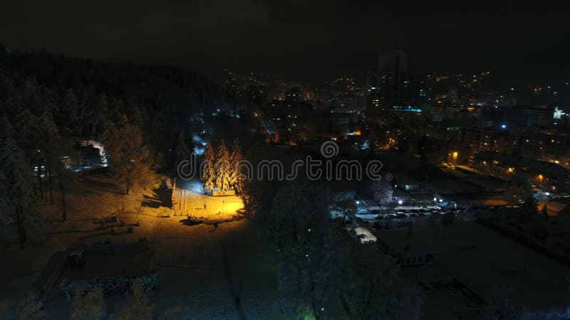 Aerial Shot of Snow Covered Town during Snow Storm at Nighttime Stock ...