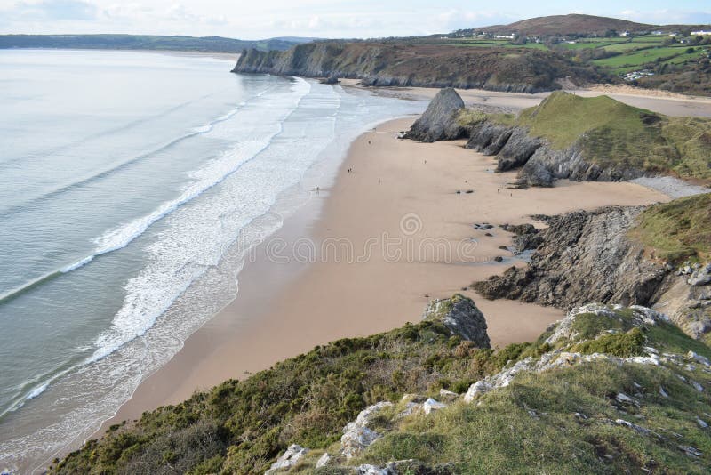 Aerial Shot of Three Cliffs Bay, Gower, UK Stock Photo - Image of ...