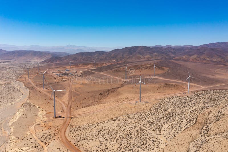 Aerial Shot of Wind Turbines in a Desert. Stock Image - Image of aerial ...