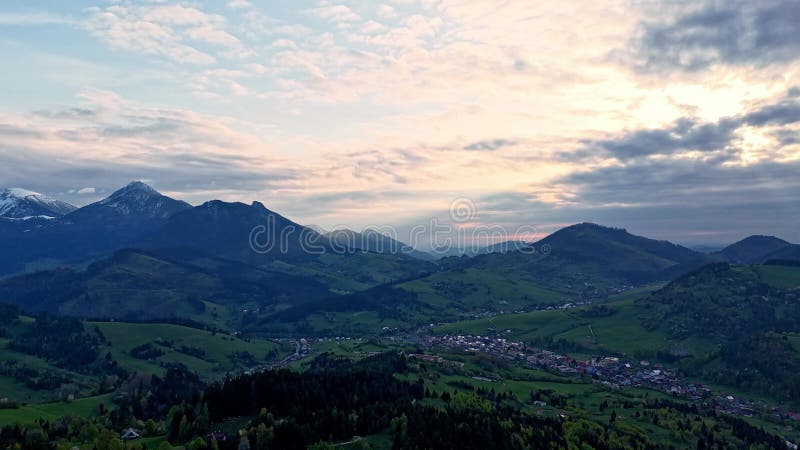 Aerial Side View Hyperlapse of Carpathian Rural Mountain Landscape, Sun ...
