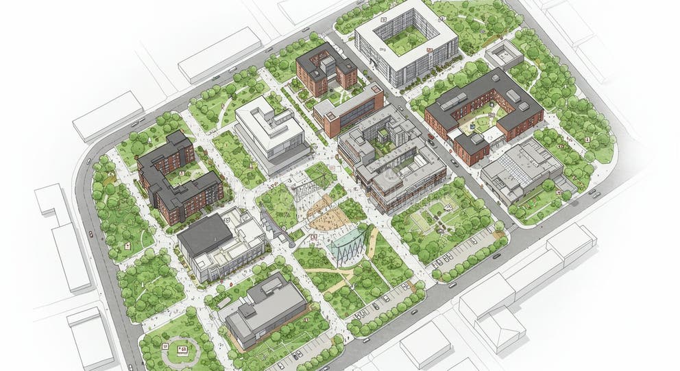 Aerial Sketch of a Planned Urban Development Featuring a Mix of ...