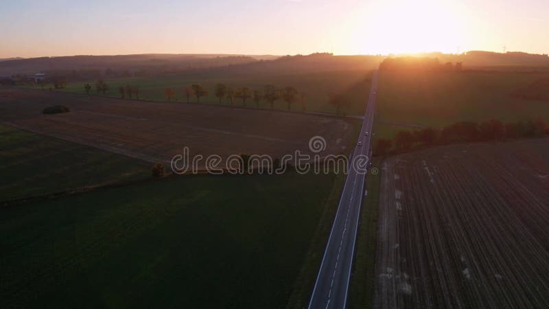 Aerial Slow Movement Around Road Surrounded by Greenery Fields during ...