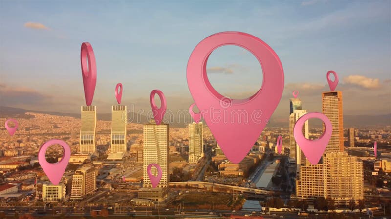 Aerial Smart City. Localization Icons in a Connected Futuristic City ...