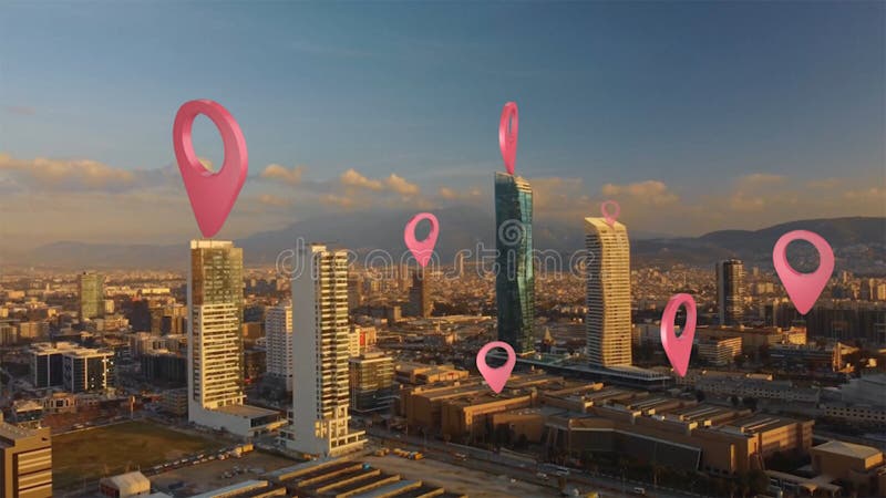 Aerial Smart City. Localization Icons in a Connected Futuristic City ...