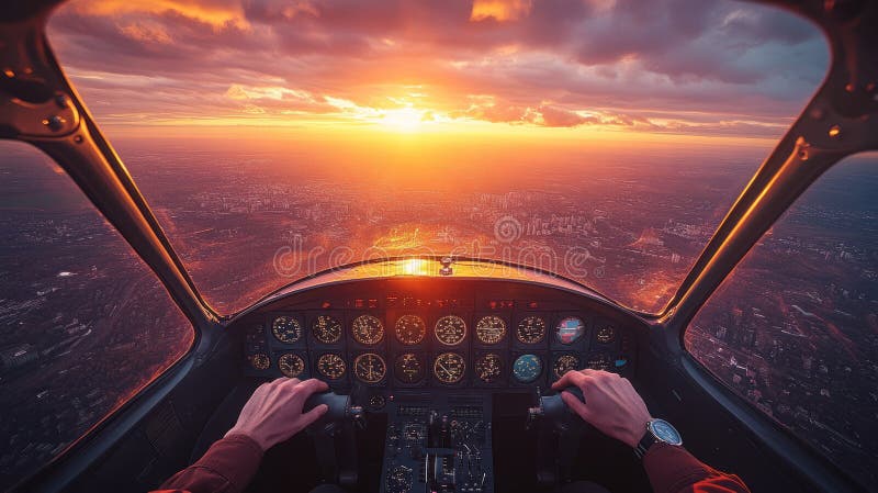 Aerial Sunset Flight stock illustration. Illustration of controls - 368143013