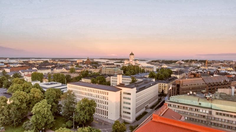 Aerial Sunset View of Helsinki Skyline from Drone, Finland Stock Photo ...
