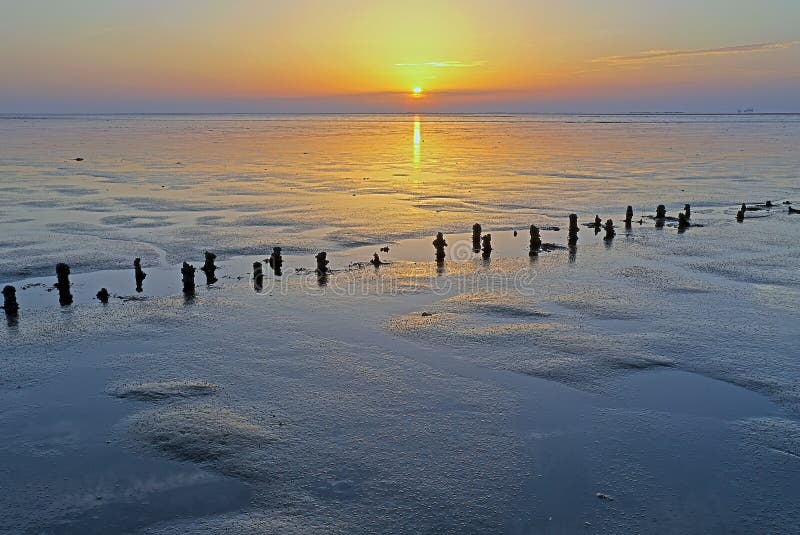 Aerial from Sunset at the Wadden Sea in the Netherlands Stock Image ...