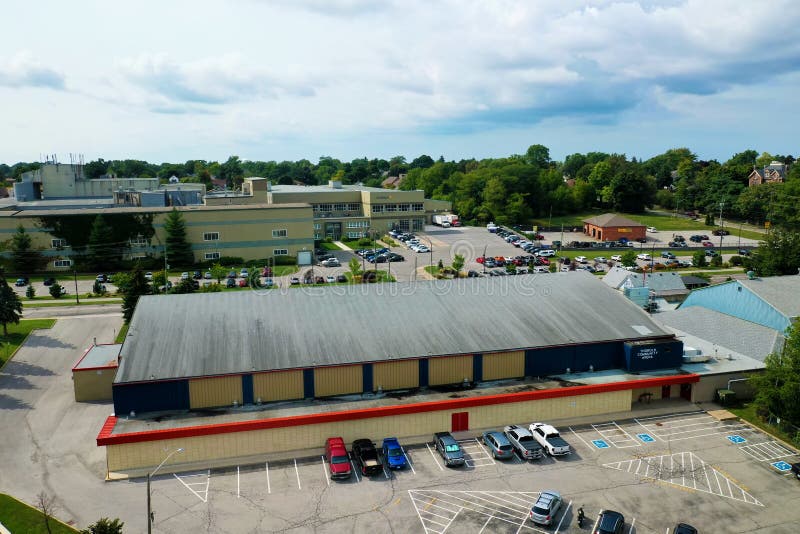 Aerial of the Thorold Community Arena in Thorold, Ontario, Canada ...