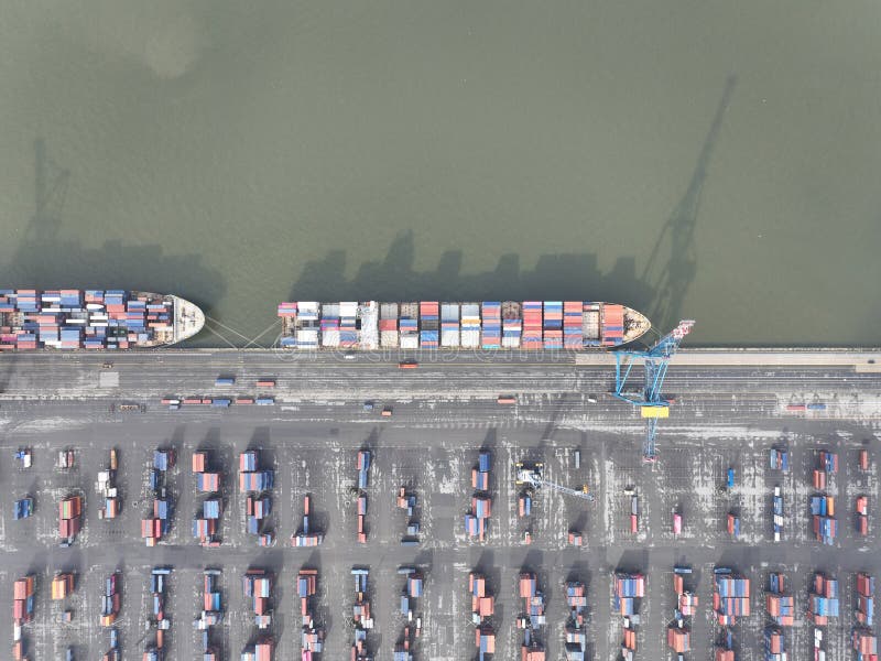 Aerial Top Down on Container Ship in the Port of Antwerp, Belgium. Port ...