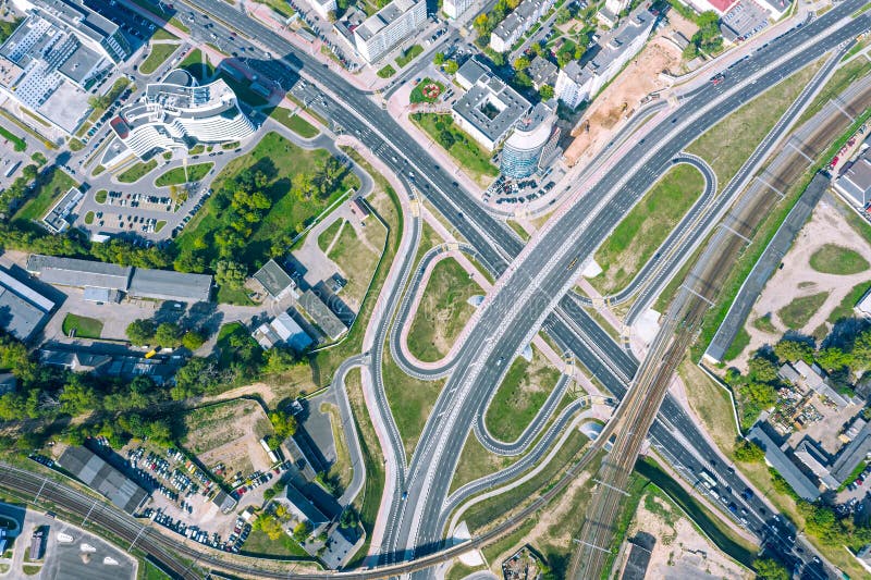 Aerial Top Down View of Asphalt Road Intersection and Rail Tracks Stock ...