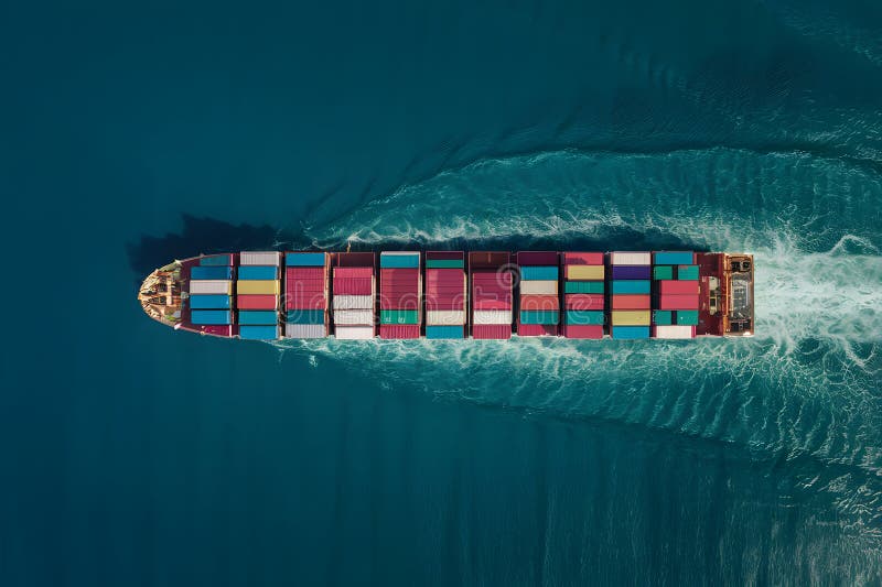 Aerial Top Down View of Container Cargo Ship Navigating Open Ocean ...