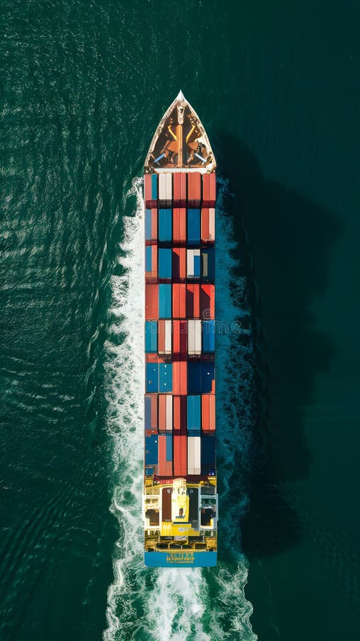 Aerial Top Down View of Container Cargo Ship Navigating Open Ocean ...