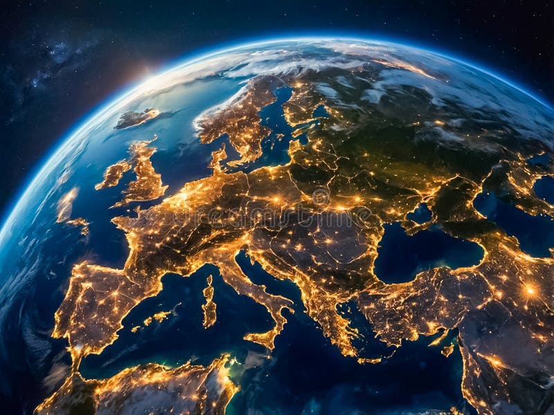 Aerial Top Down View of Europe Cities Light on Planet Earth in the ...