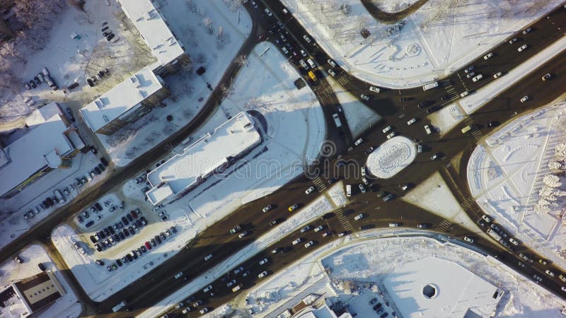 Aerial Top Down View of Intersection in Winter, Circle Crossroad with ...