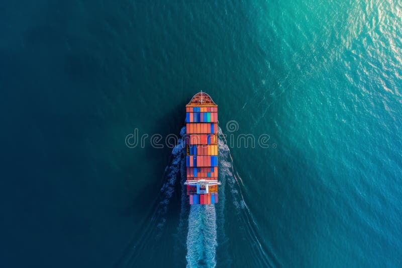 Aerial Top Down View of a Large Container Cargo Ship in Motion Over ...