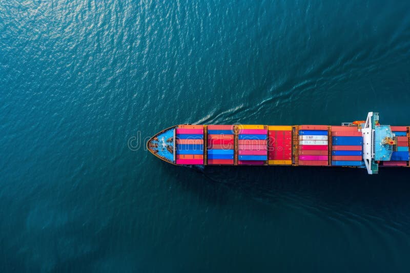 Aerial Top Down View of a Large Container Cargo Ship in Motion Over ...