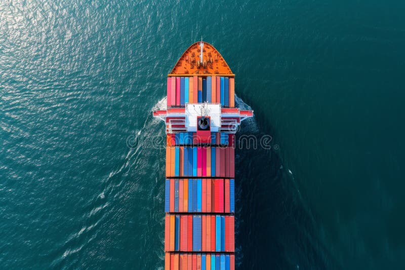 Aerial Top Down View of a Large Container Cargo Ship in Motion Over ...