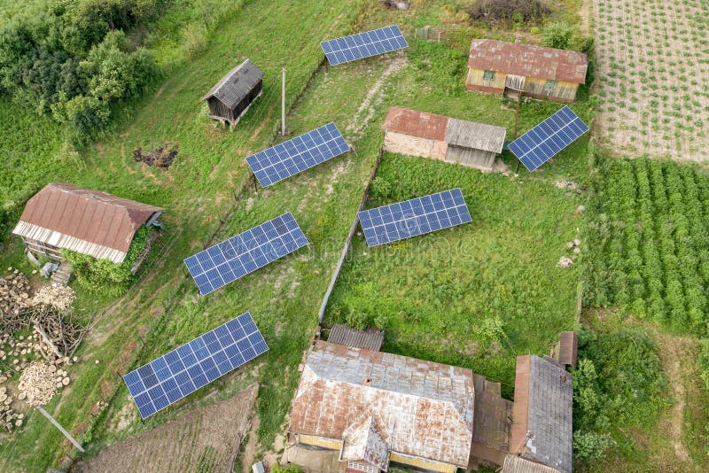Aerial Top Down View of Solar Panels in Green Rural Area Stock Image ...