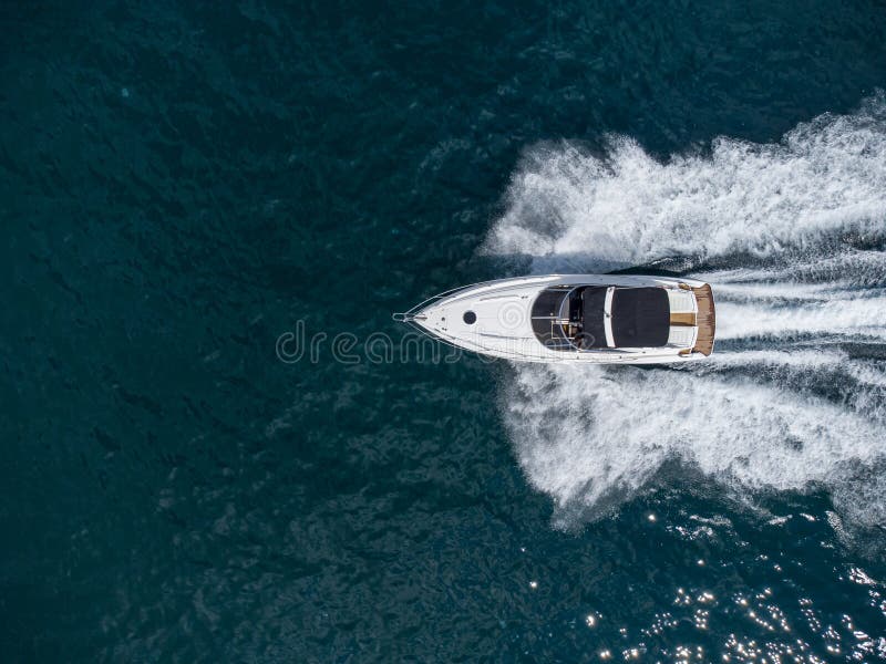 Aerial View of Speed Motor Boat on Open Blue Sea Stock Photo - Image of ...