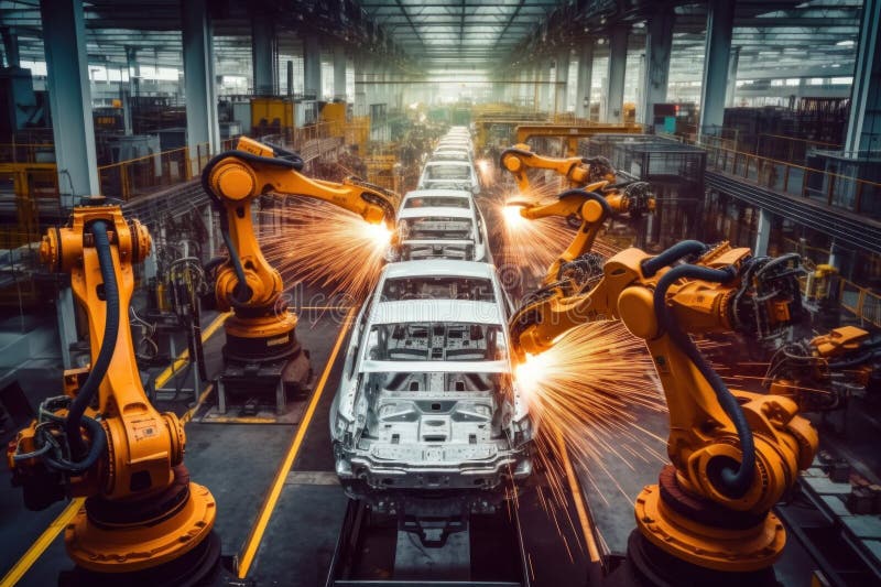 Aerial Top View of Assembly Line of Robots Welding Car Body Stock ...