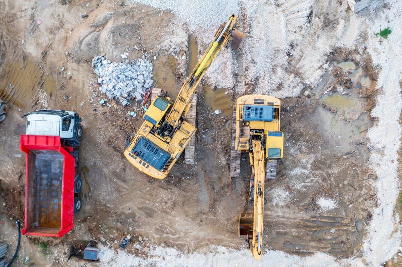 Aerial Top View of a Construction Site with Heavy Machines and Truck ...