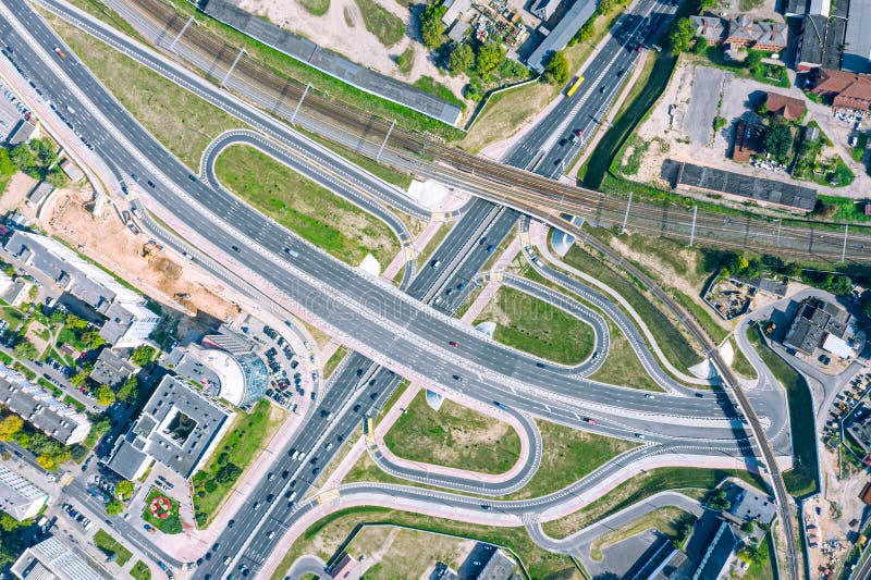 Aerial Top View on Freeway Intersection at Industrial District Stock ...