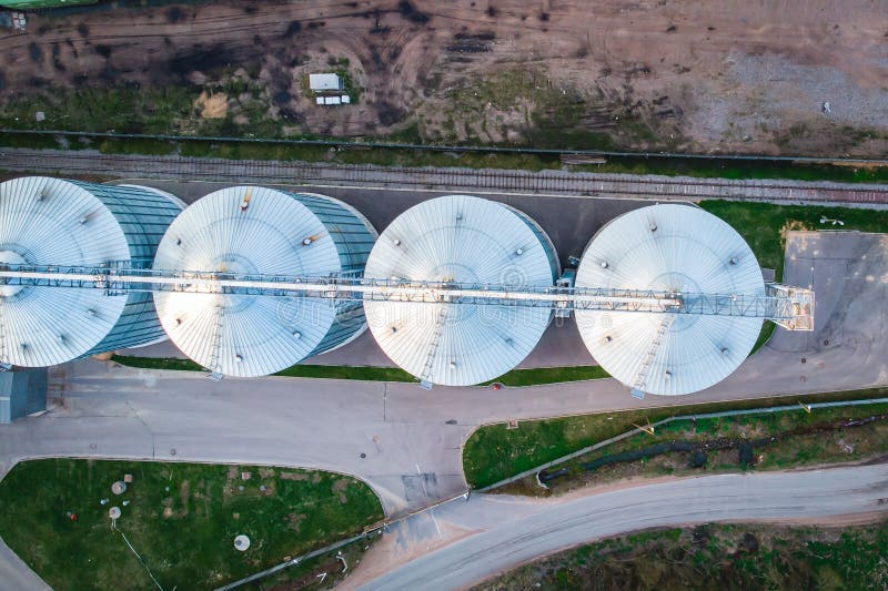 Aerial Top View of Grain Elevator Silos, Granary of a Feed Mill Built of Modern Metal Structures ...