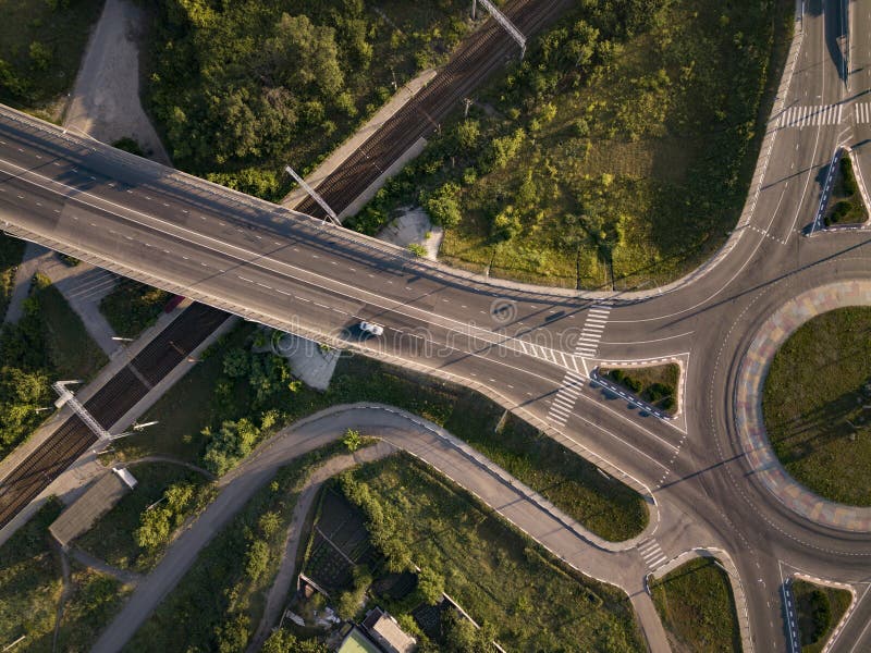 Aerial Top View of Highway Intersection Junction Summer Morning with ...