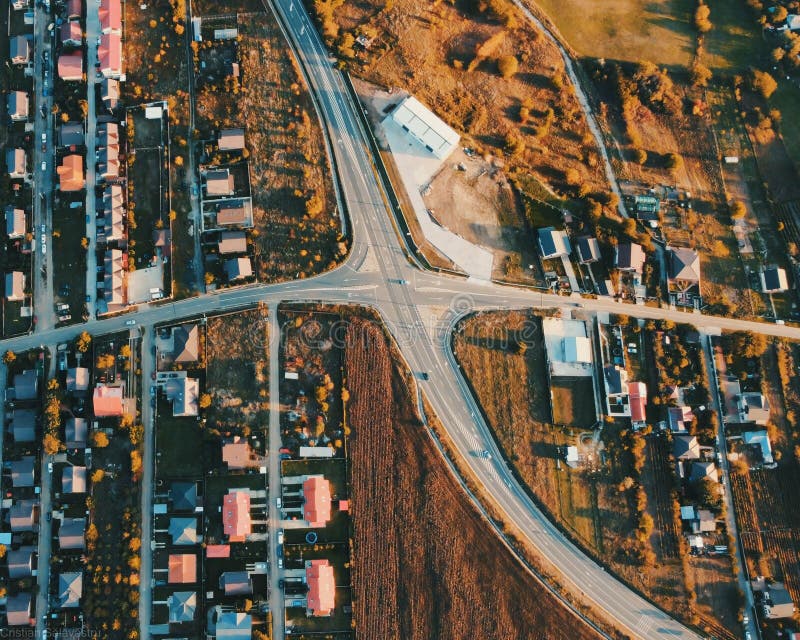 Aerial Top View of the Highway Intersection at Sunset Stock Photo ...
