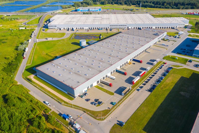 Logistics Park with Warehouse. Semi-trailers Trucks Standing on Car ...