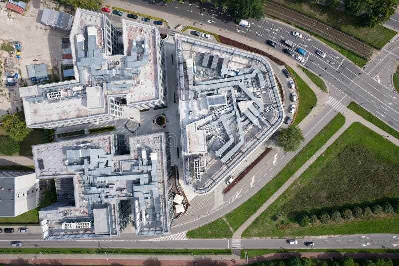 Aerial Top View of Modern Office Buildings with Rooftop Infrastructure ...