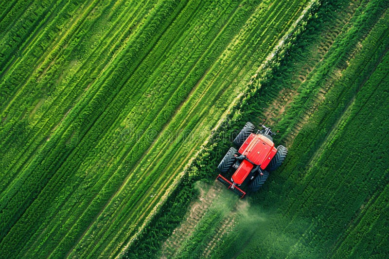 Aerial Top View of Modern Tractor Working on the Summer Field Stock ...