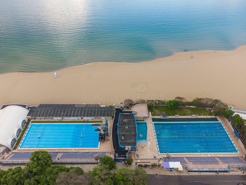 Aerial Top View of Open Swimming Pool Located by the Sea Stock Photo ...