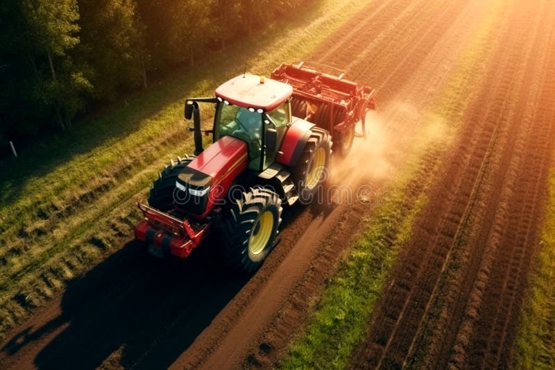 Aerial Top View of Red Tractor Mowing Green Field Stock Illustration ...