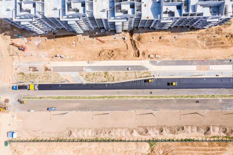 Aerial Top View of Road Rollers at Asphalt Pavement Works Stock Photo ...