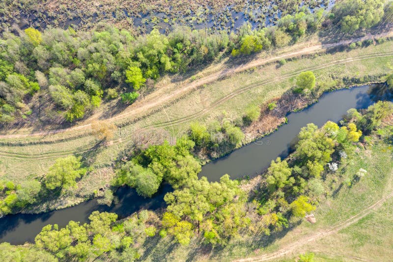 Aerial Top View of Spring Landscape with Trees and River Stock Image ...