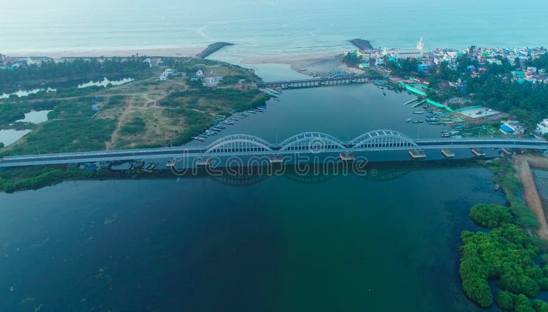 Aerial Top View Sunset River Bridge Stock Image - Image of architecture ...