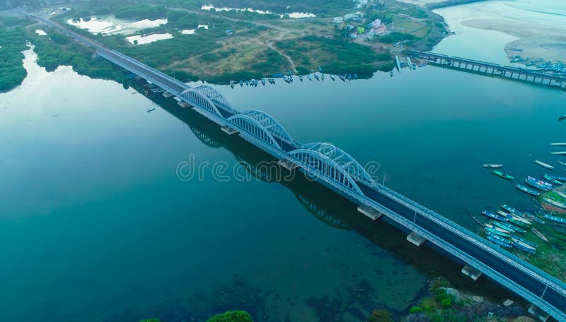 Aerial Top View Sunset River Bridge Stock Image - Image of building ...