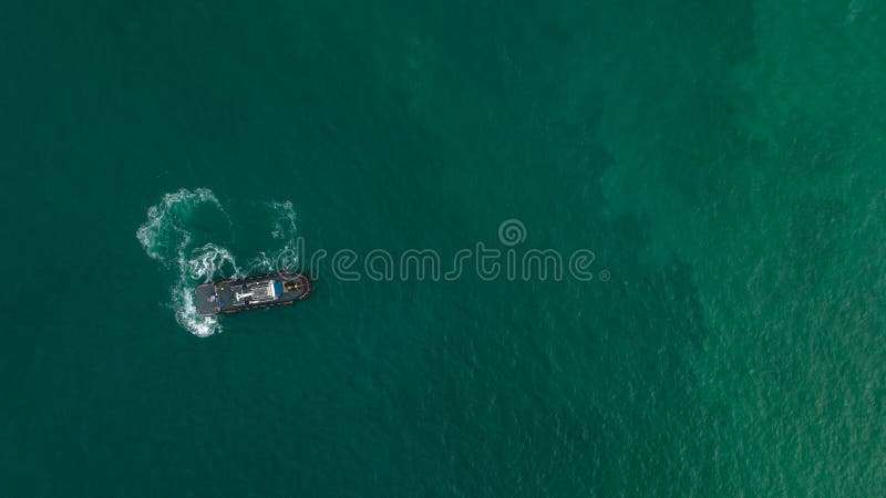 Aerial Top View Tugboat Test Engine in Sea Stock Image - Image of ...