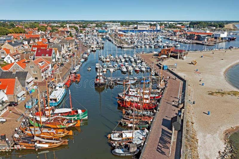 Aerial from the Traditional Town Urk and the Harbor in the Netherlands ...