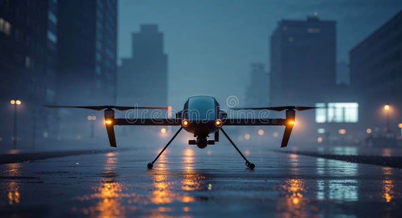 Aerial Vehicle Night Flight Illuminated Wall. Stock Image - Image of ...