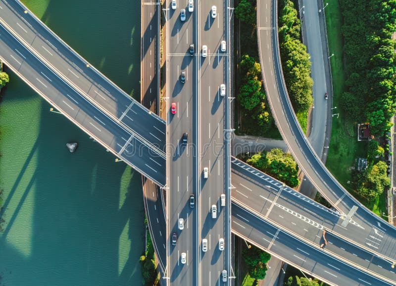 Aerial of Vehicles Navigate a Complex Highway System, Showcasing ...
