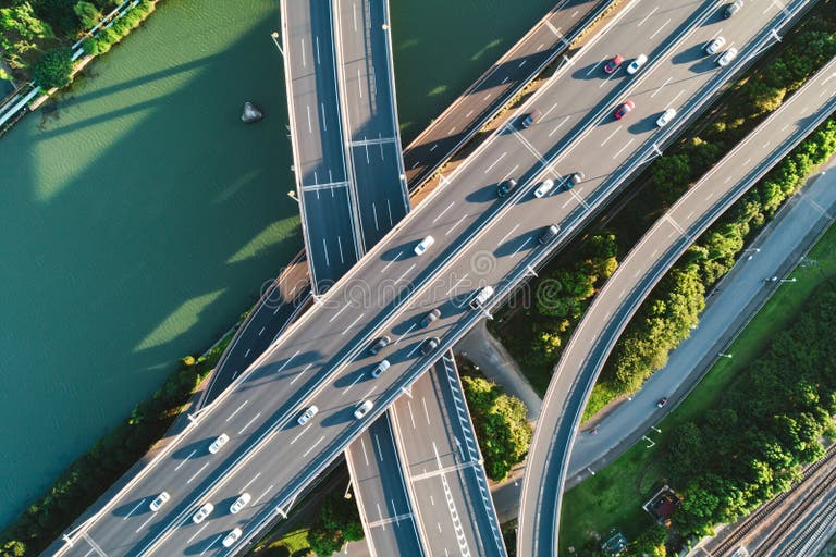 Aerial of Vehicles Navigate a Complex Highway System, Showcasing ...